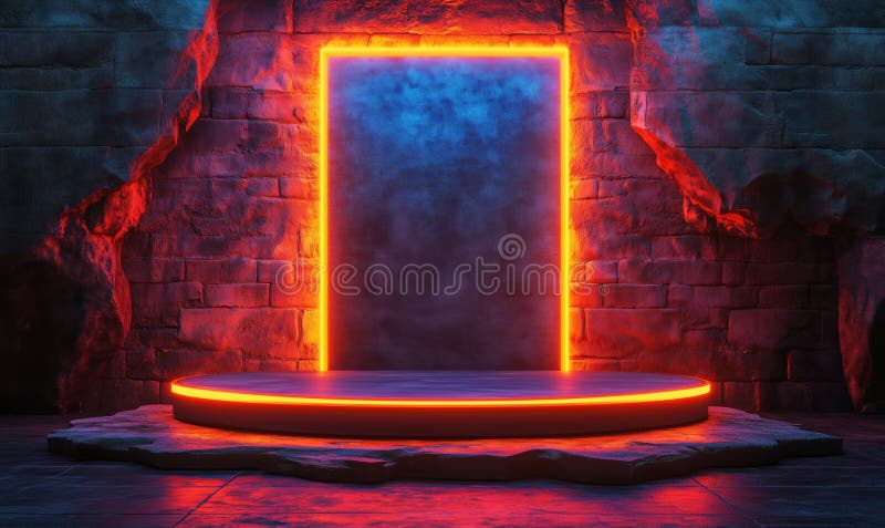 Futuristic Neon Portal with Glowing Frame and Circular Platform in Dark ...