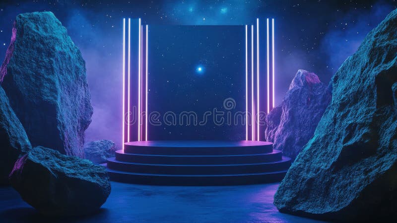 Futuristic Neon Portal in Outer Space Setting with Rocks and Mist Stock ...