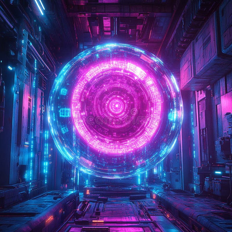 Futuristic Neon Portal Surrounded by High-Tech Architecture in a Dimly ...