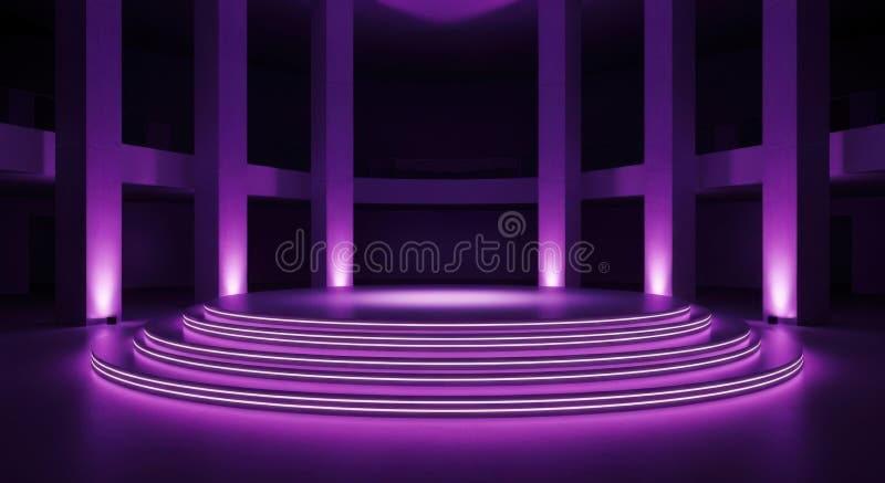 Futuristic Neon Purple Stage with Circular Steps and Tall Pillars ...