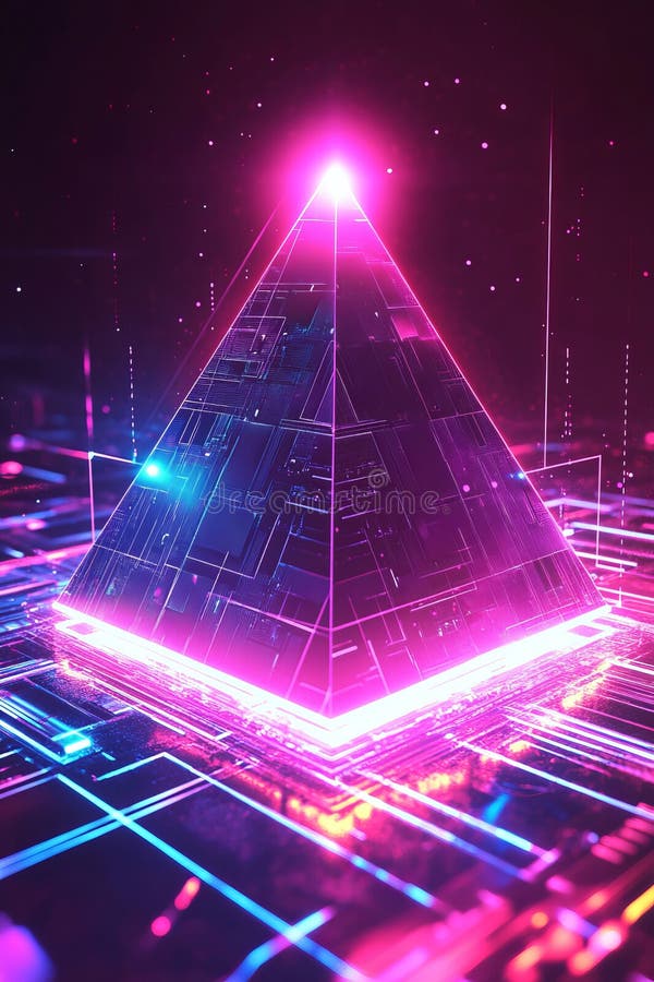 Futuristic Neon Pyramid with Digital Grid Background Stock Illustration ...