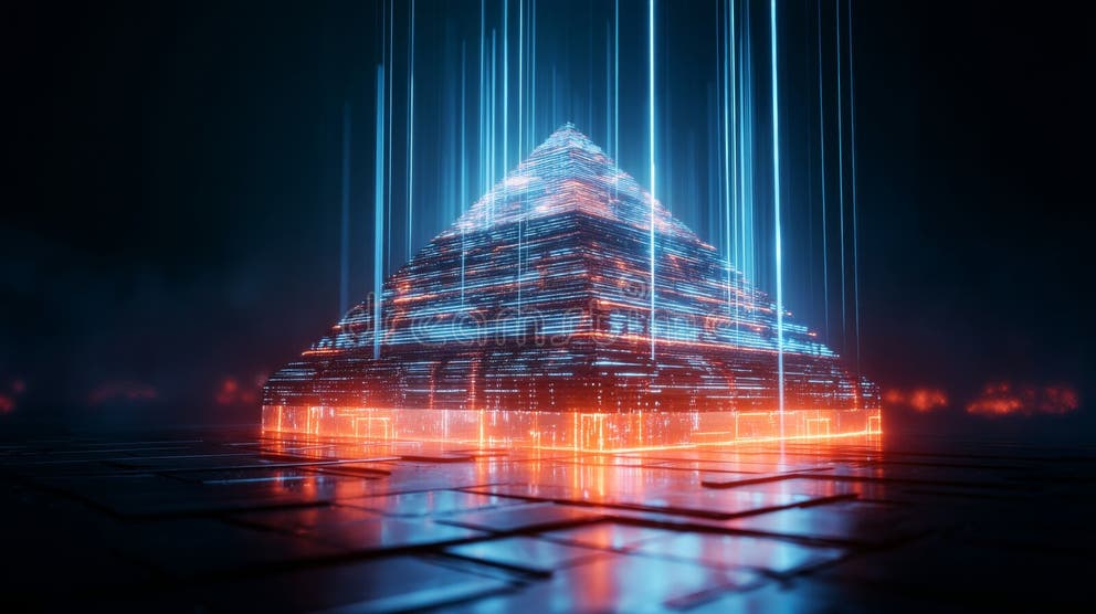 Futuristic Neon Pyramid Structure with Light Grids and Beams on a High ...