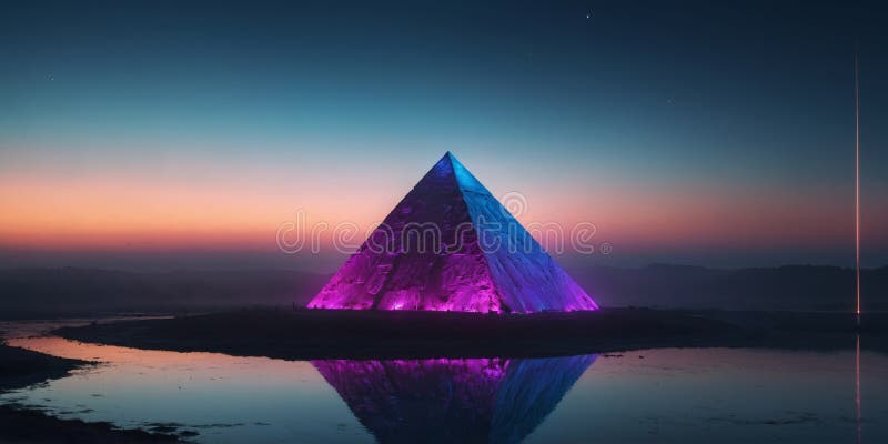 Futuristic Neon Pyramids Glowing in a Misty Landscape with a Reflective ...