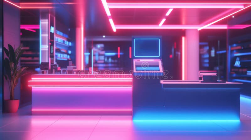 Futuristic Neon Retail Checkout with Self-service Kiosk and Vibrant ...
