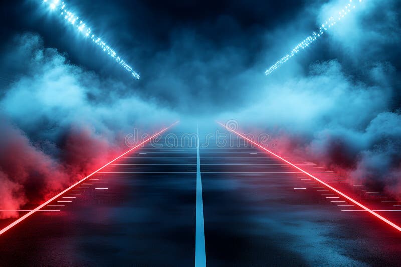 Futuristic Neon Road Red and Blue Glowing Lines on Asphalt with Smoke ...