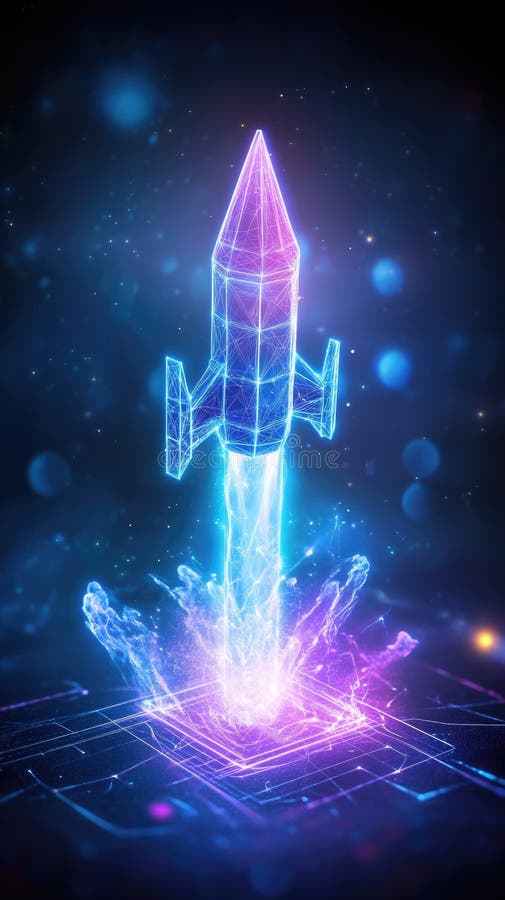 Futuristic Neon Rocket Launching with Digital Effects in Night Sky ...