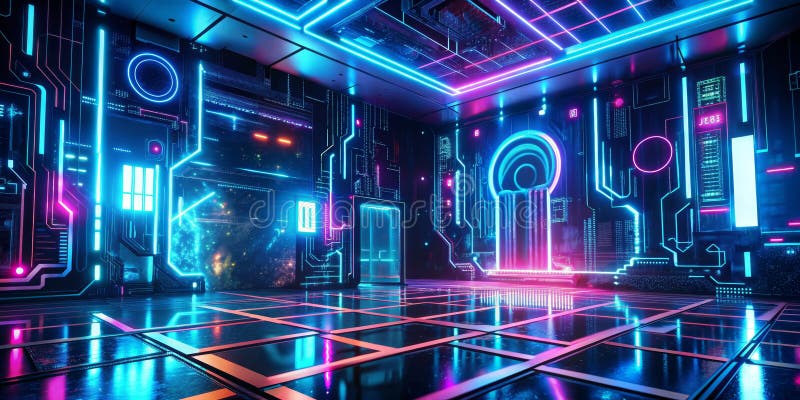 Futuristic Neon Room with Glowing Lights and Circuitry - 3D Render ...