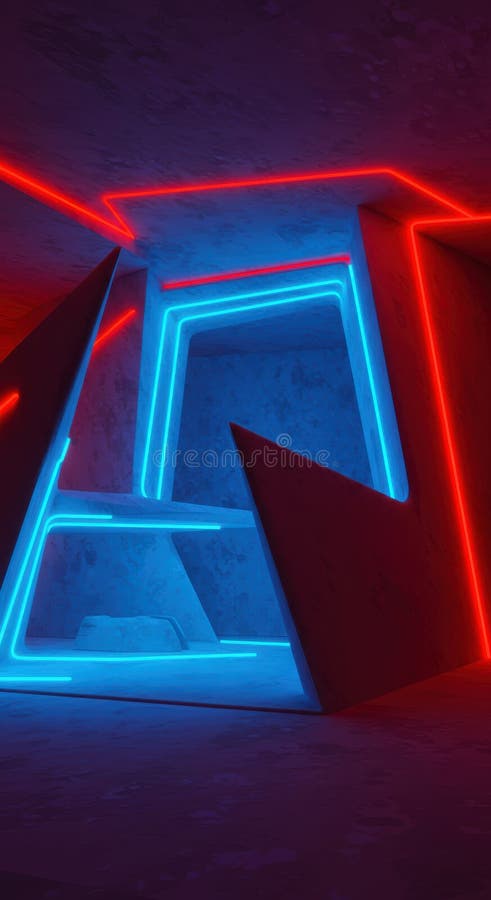 Futuristic Neon Room with Red and Blue Geometric Shapes in Modern ...