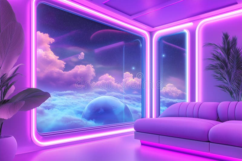 Futuristic Neon Room with Stunning Cosmic Cloud View from Window Stock ...
