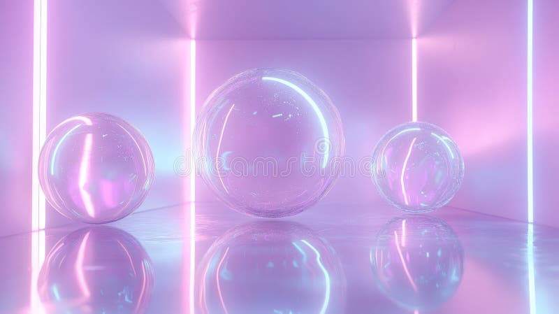 Futuristic Neon Room with Three Reflective Spheres and Glowing Pink ...
