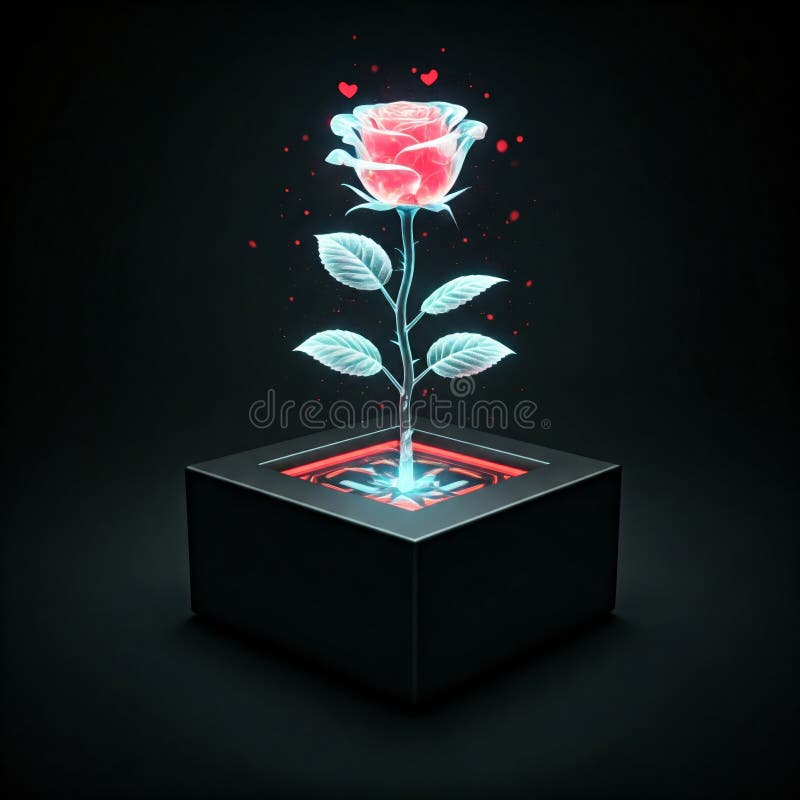 Futuristic Neon Rose in Black Cube with Glowing Hearts Stock ...