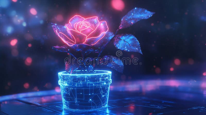 Futuristic Neon Rose in High-Tech Pot with Holog Stock Illustration ...
