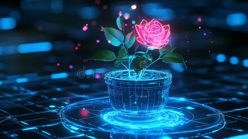 Futuristic Neon Rose in High-Tech Pot with Holog Stock Illustration ...