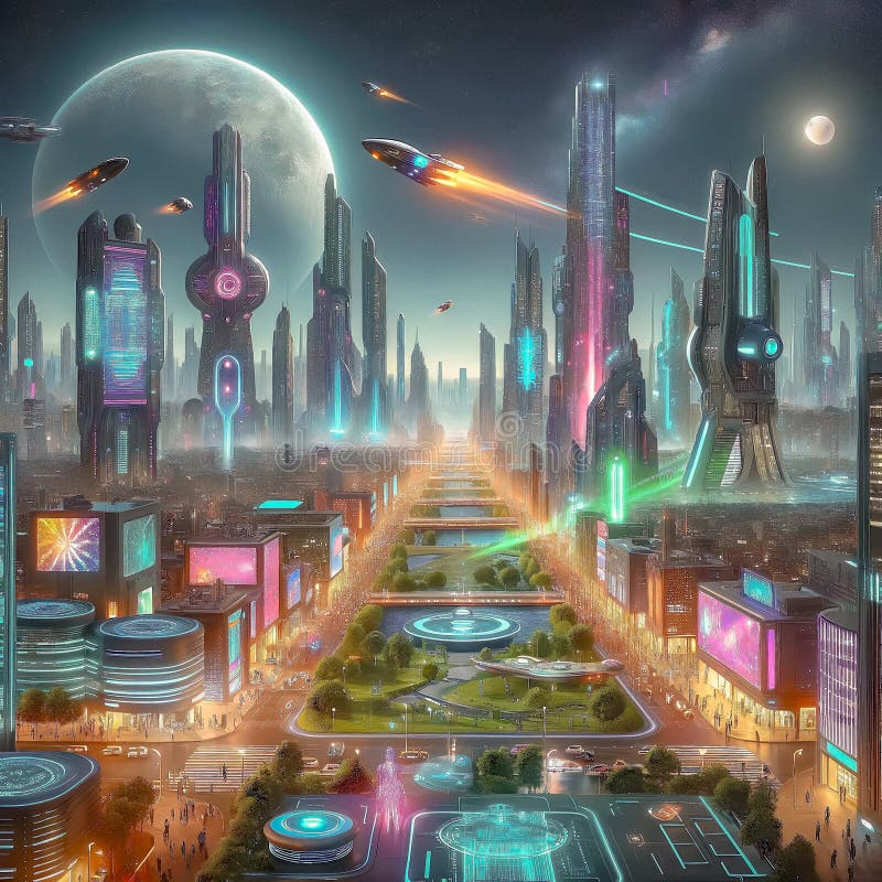 Futuristic Neon Sci-Fi Cityscape with Flying Spaceships Stock ...