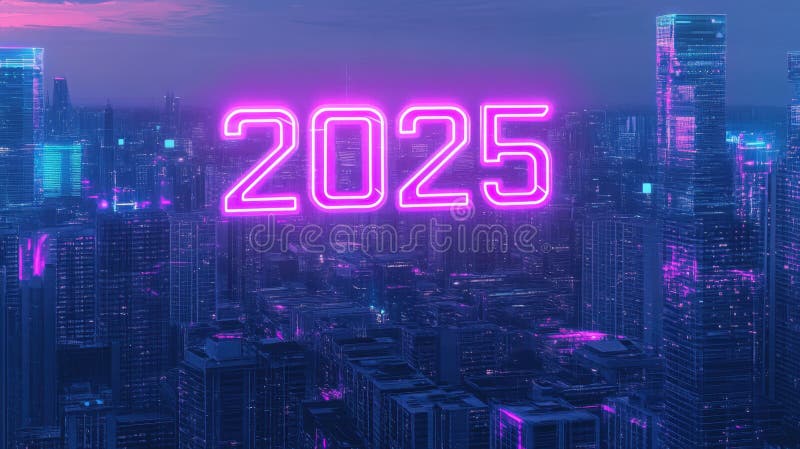 Futuristic 2025 Neon Sign Over Cyber Cityscape at Twilight Stock Image ...