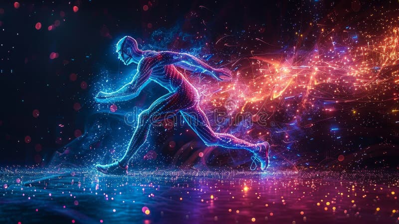 Futuristic Neon Silhouette of a Running Athlete on a Black Background ...
