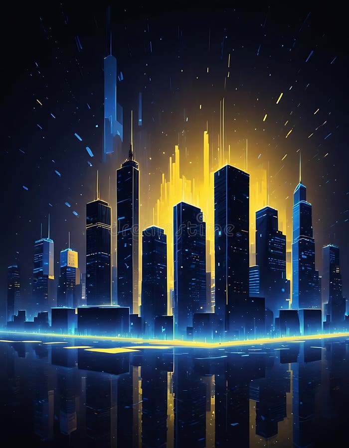 Futuristic Neon Skyline with Illuminated Skyscrapers Against Starry ...