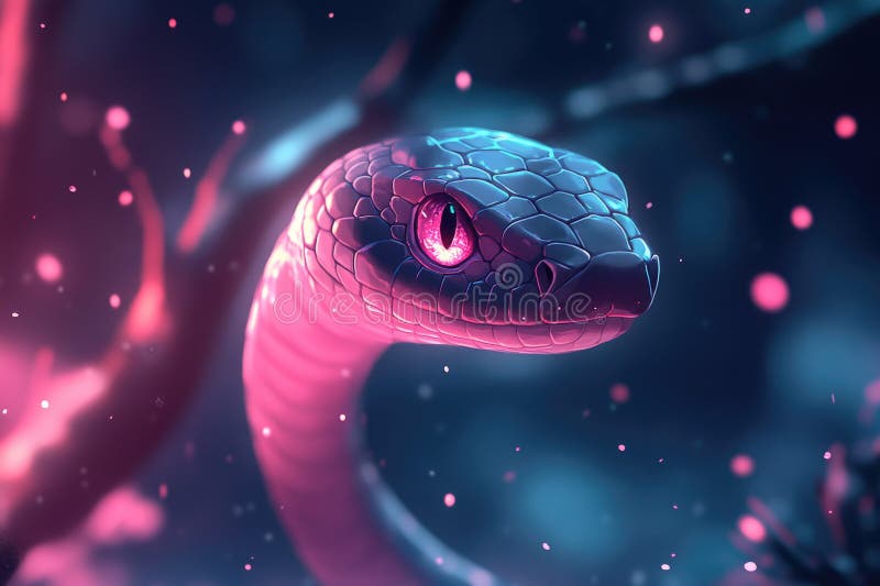 Futuristic Neon Snake with Glowing Eyes in Forest Ambiance. AI Stock ...