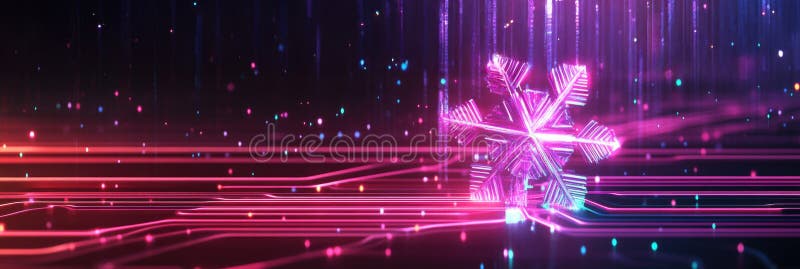 Futuristic Neon Snowflake in Digital Matrix with Glowing Cyber Grid ...