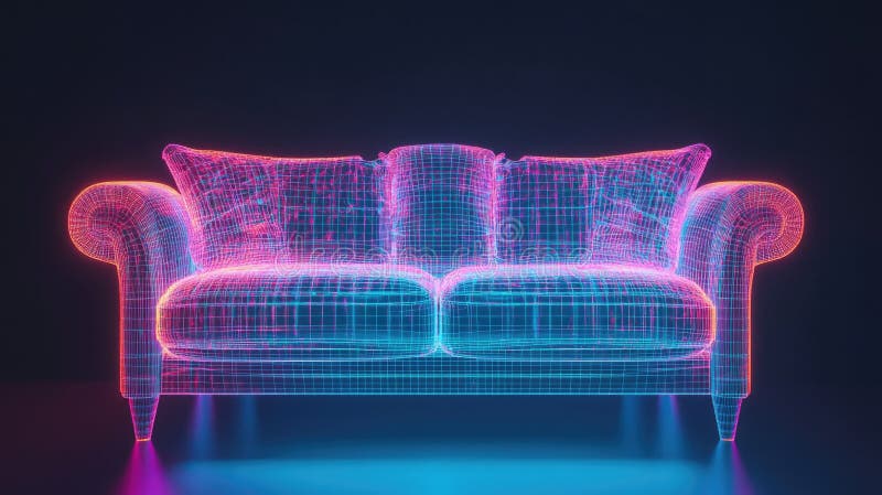 Futuristic Neon Sofa with Glowing Pink and Blue Wireframe Design Stock ...
