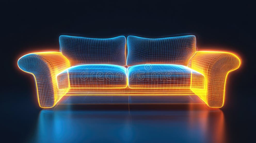 Futuristic Neon Sofa with Wireframe Design in Dimly Lit Room Stock ...