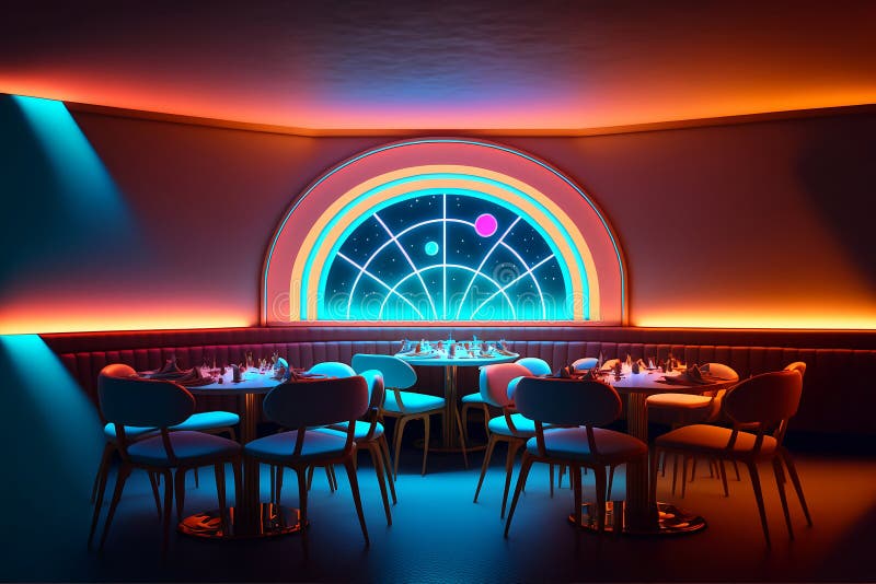 Futuristic Neon Space Cafe Design at Night Stock Illustration ...