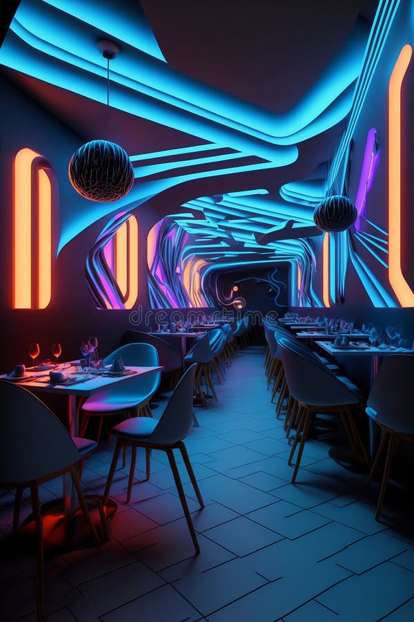 Futuristic Neon Space Cafe Design at Night Stock Illustration ...