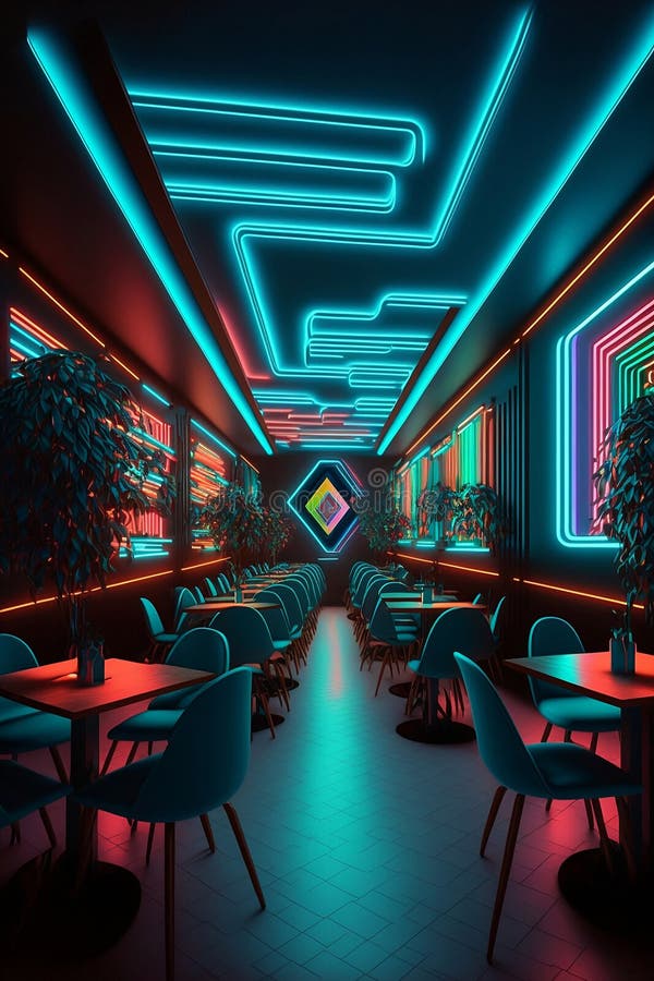 Futuristic Neon Space Cafe Design at Night Stock Illustration ...
