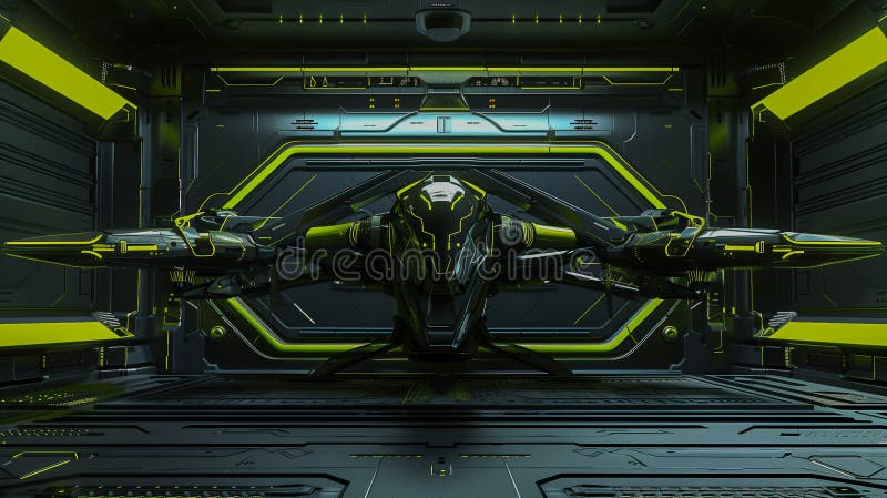 Futuristic Neon Spaceship in a High-Tech Hangar Stock Illustration ...
