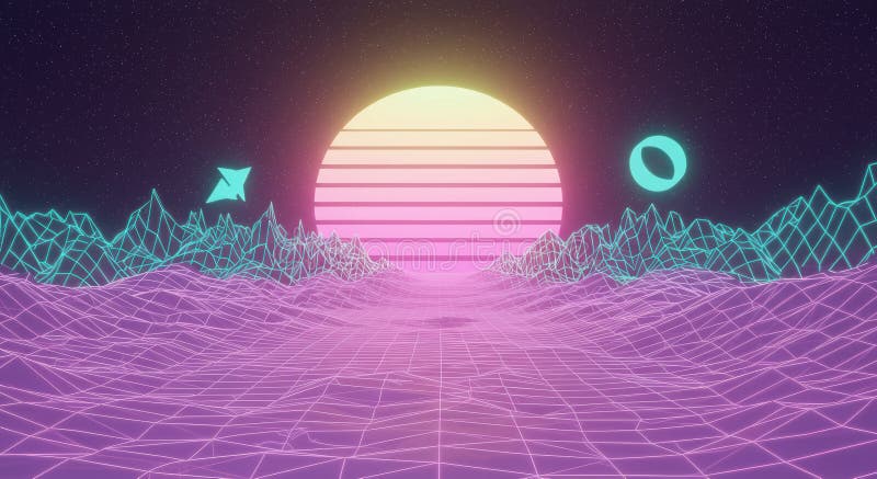 Futuristic Neon Sunset Geometric Shapes Retro Grid Landscape Stock ...