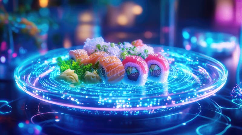 Futuristic Neon Sushi Display with Glowing Effects on Glass Plate Stock ...