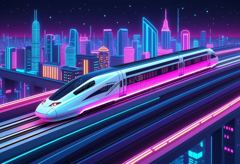 Futuristic Neon Train Gliding through Vibrant Cityscape at Night Stock ...