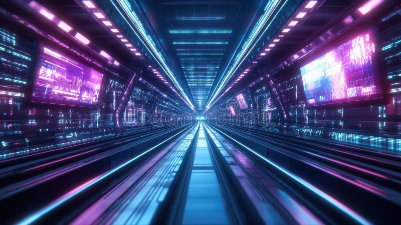 Futuristic Neon Train Tunnel with Digital Ads Stock Image - Image of modern, reflection: 365708441