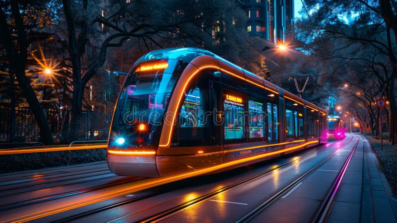 Futuristic Neon Tram in Urban Night Scene - Generative Ai Stock ...