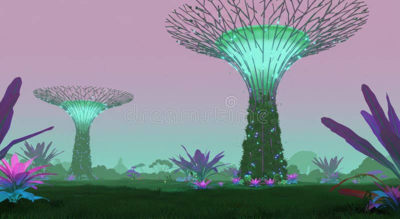 Futuristic Neon Trees in a Fantasy Landscape with Surreal Glow Stock ...