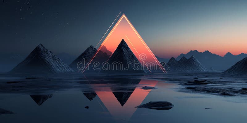 Futuristic Neon Triangle Over Mountain Landscape at Dusk with ...