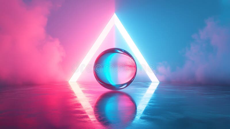 Futuristic Neon Triangle with Reflective Glass Sphere in Misty ...