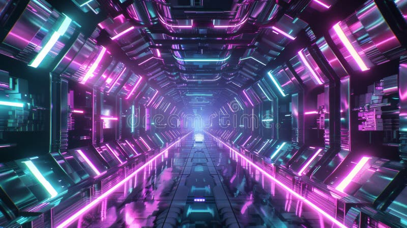 Futuristic Neon Tunnel - Abstract 3D Rendering of Sci-fi Corridor with ...