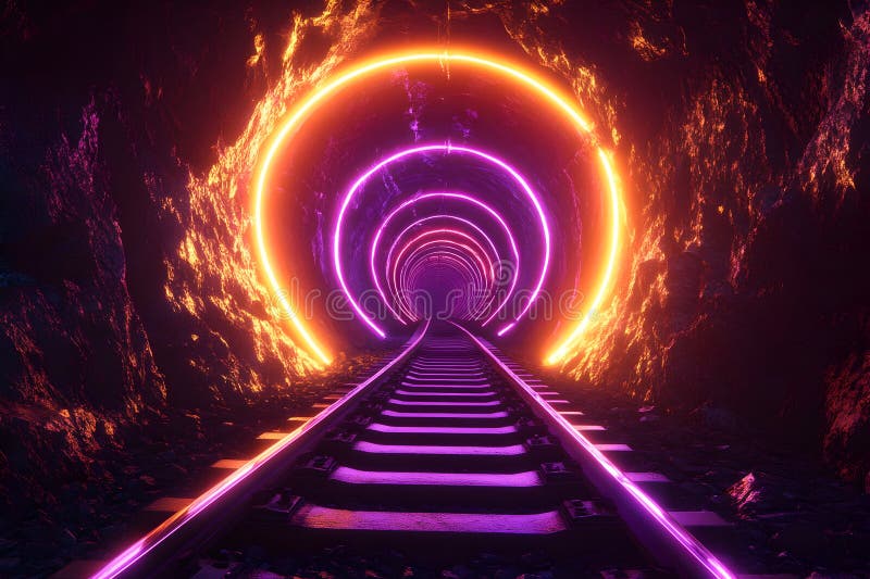 Futuristic Neon Tunnel Illuminated by Vibrant Lights on Railway Track ...