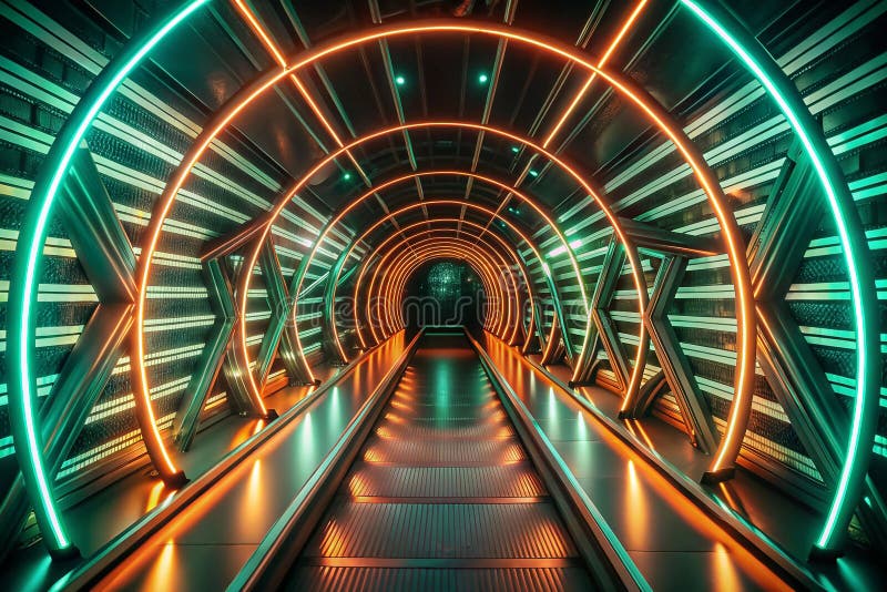 Futuristic Neon Tunnel Walkway with Moving Stair Stock Illustration ...