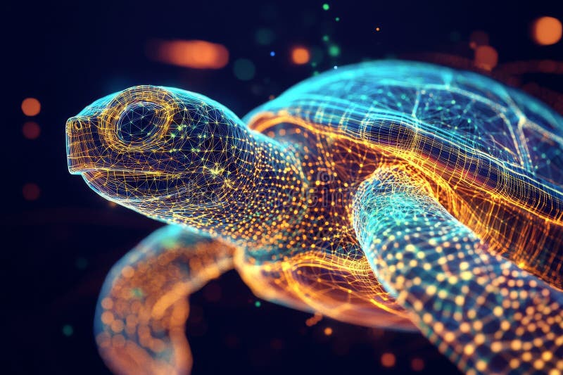 Futuristic Neon Turtle with Digital Glow in Dark Background Stock ...