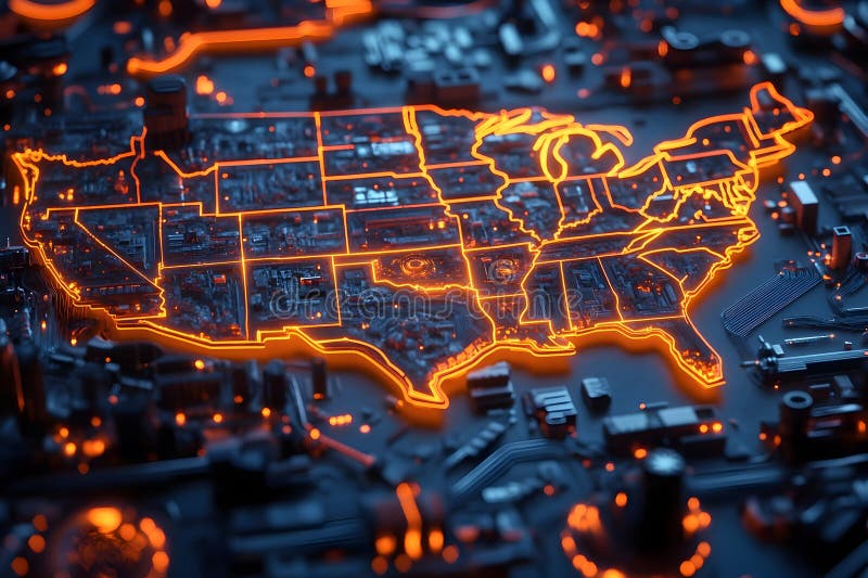 Futuristic Neon Usa Map Circuit Board Design with Glowing Borders Stock ...