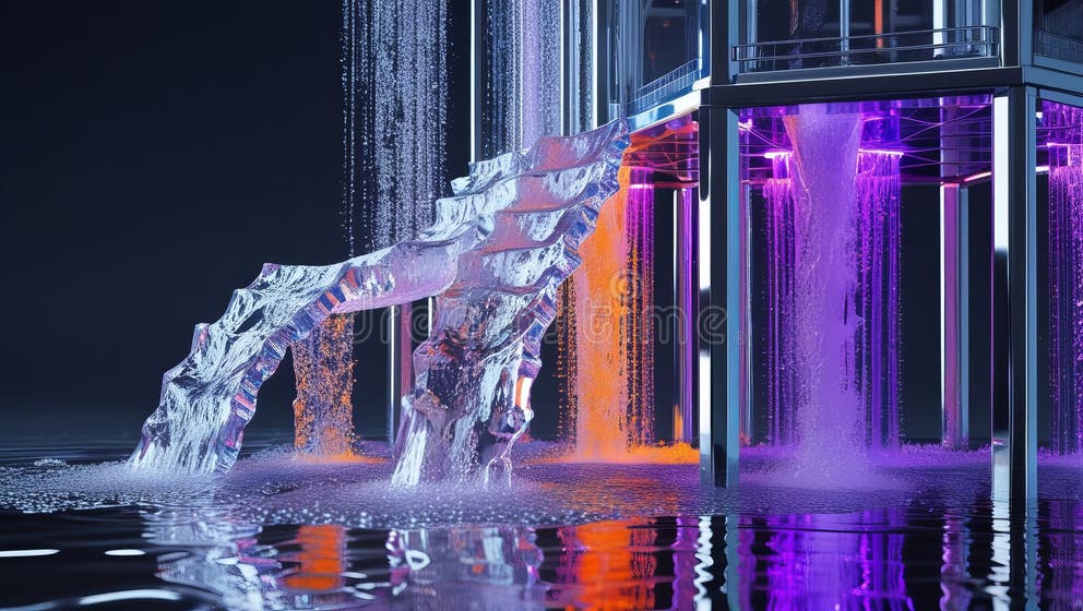 Futuristic Neon Waterfall in a Crystal Installation Stock Illustration ...