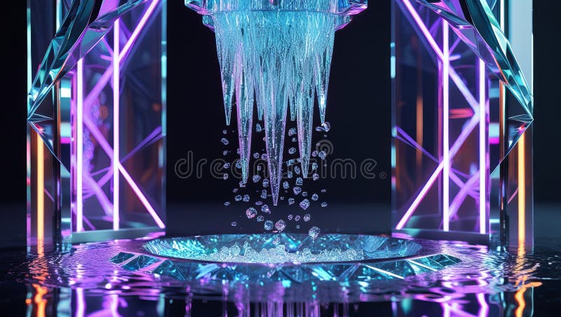 Futuristic Neon Waterfall in a Crystal Installation Stock Illustration ...
