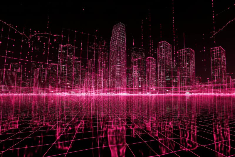 Futuristic Neon Wireframe Cityscape at Night Stock Illustration ...