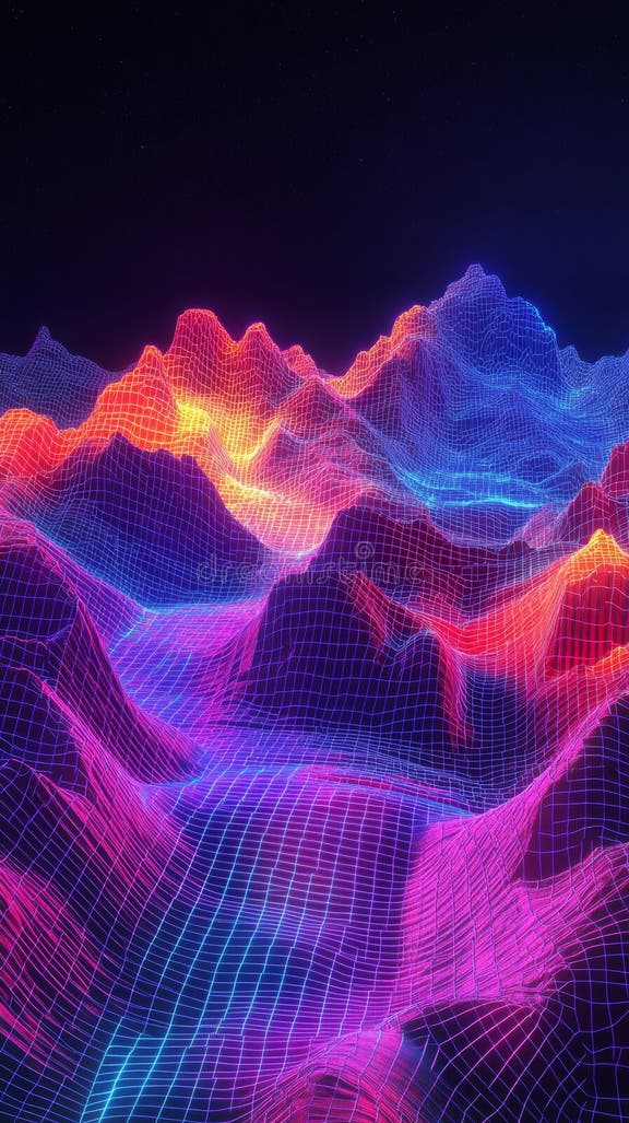 Futuristic Neon Wireframe Landscape at Night Stock Illustration ...