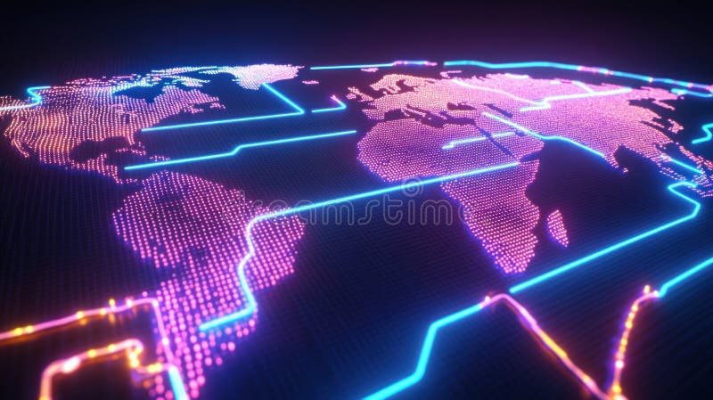 Futuristic Neon World Map Showing Global Connections and Data Flow ...