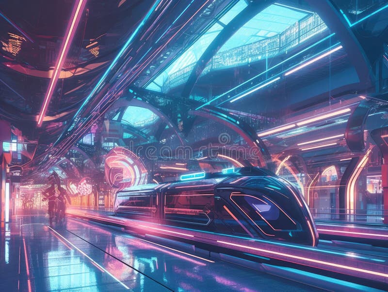 Futuristic Neonlit Train Station with Hovering Trains Stock ...