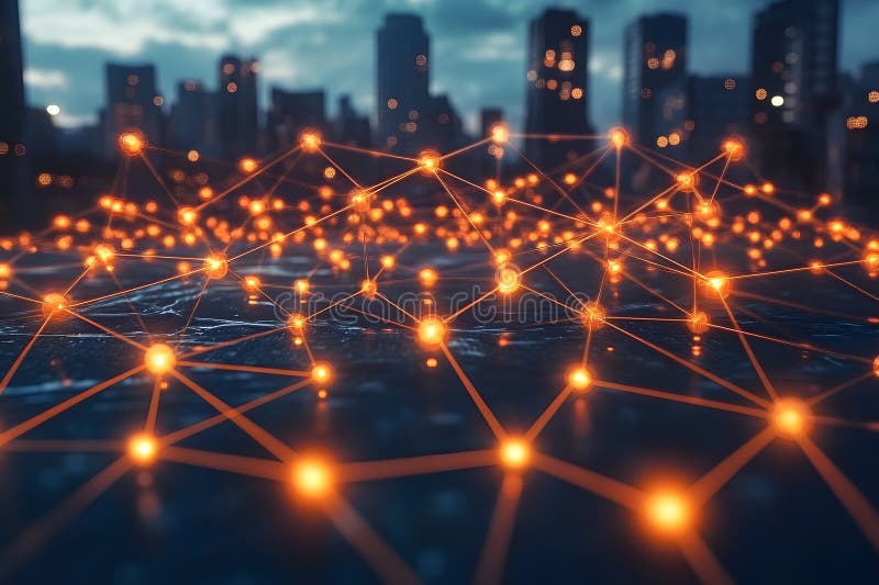 Futuristic Network Connections in Urban Skyline at Dusk for Technology ...