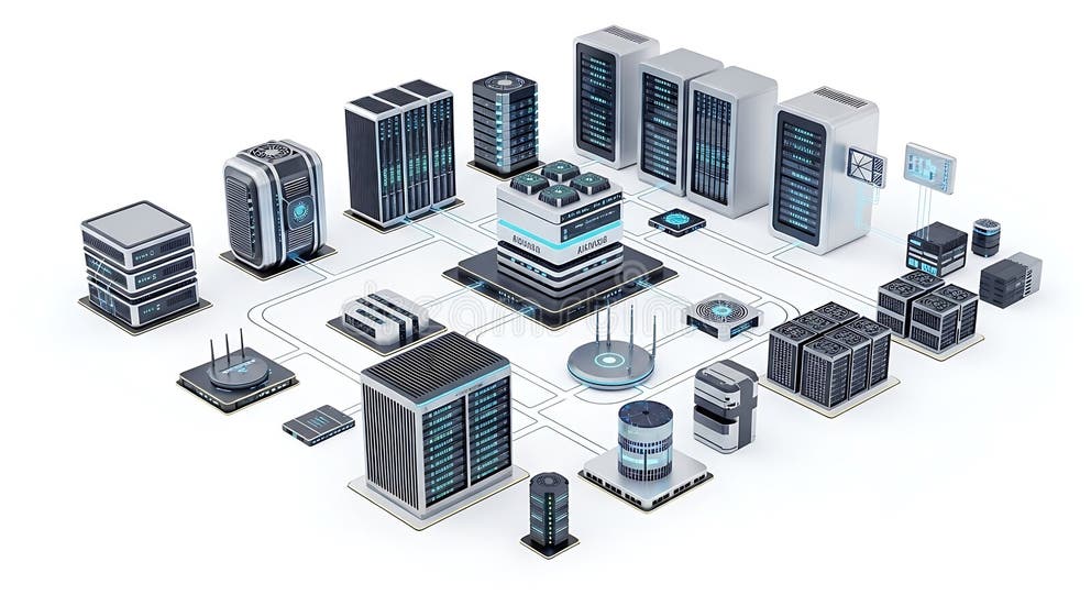 A Futuristic Network Design Illustration Featuring an Array of Server ...